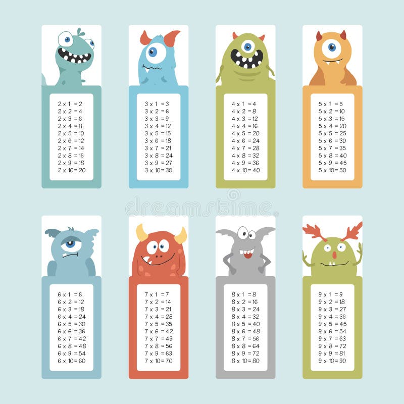 Multiplication Table with Cute Monsters, Cartoon Monster Bookmarks ...