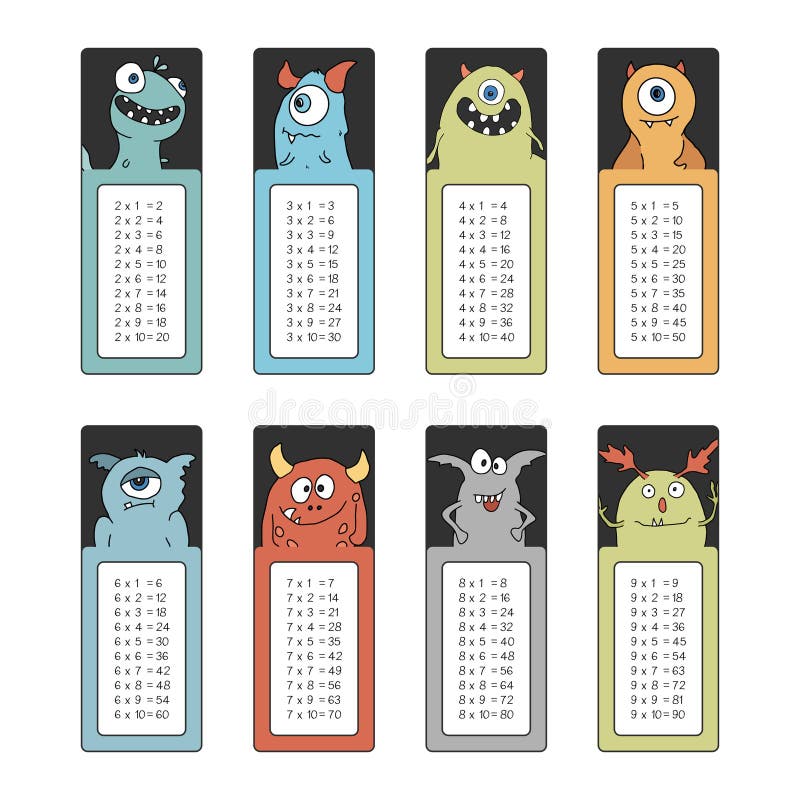 Multiplication Table with Cute Monsters, Cartoon Monster Bookmarks ...