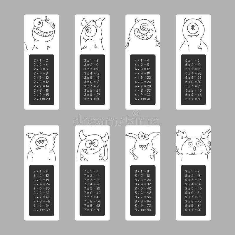 Multiplication Table with Cute Monsters, Cartoon Monster Bookmarks ...