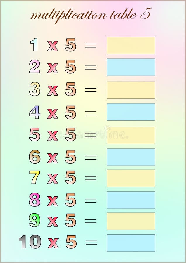 Multiplication Table of Five with Empty Space To Write Stock ...