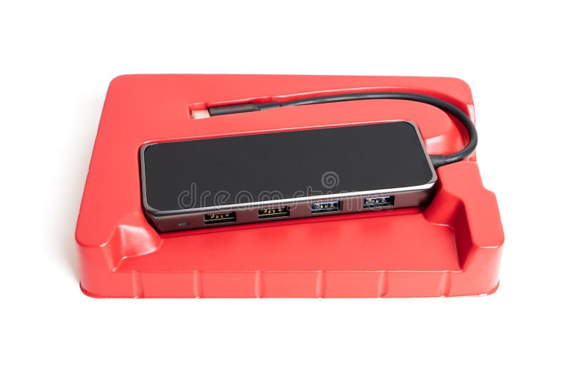 Black USB-C Hub in Red Retail Box Isolated on White Stock Photo - Image ...
