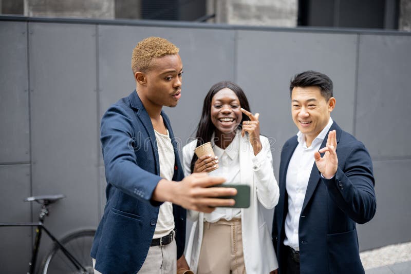 Multiracial Business Team Taking Selfie On Phone Stock Image Image Of
