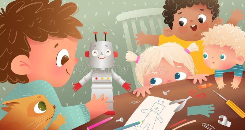 Multiracial Children Creating Playing with Robot Stock Vector ...