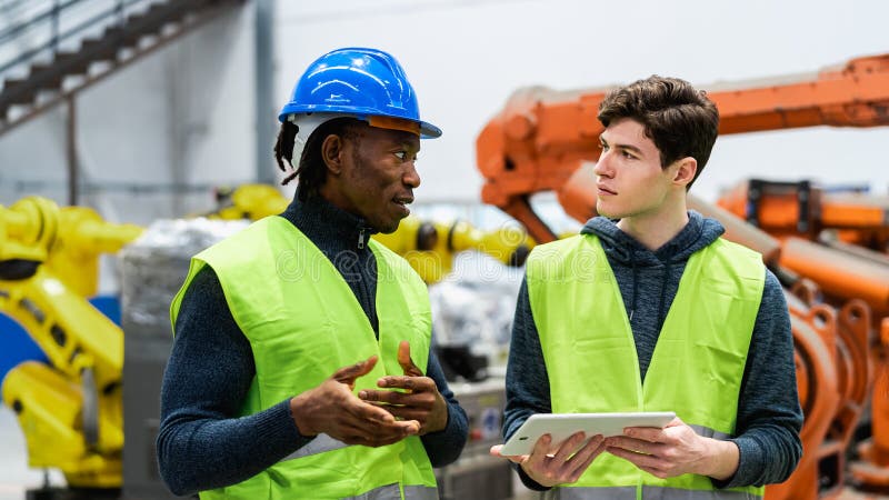 Multiracial Engineers Working in Robotic Factory Stock Image - Image of ...