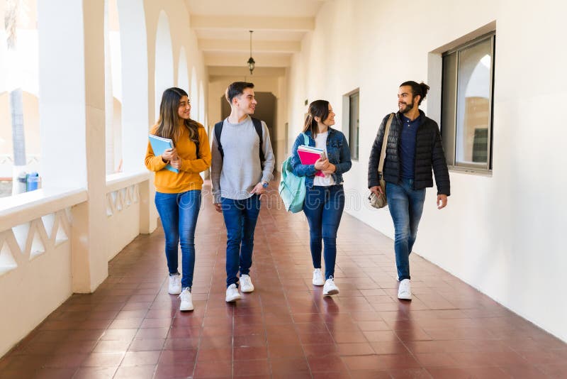 Multiracial Friends Walking To the Library Stock Photo - Image of ...