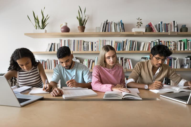 Multiracial Group Diverse Gen Z Students Study at Library Desk Stock ...