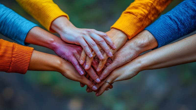 Multiracial Group of Hands Stacked Together Outdoors, Symbolizing Unity ...