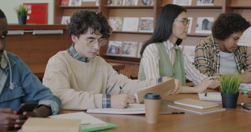 Multiracial Group of Young People Studying in Library Doing Homework ...