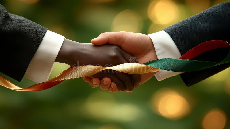 Multiracial Handshake Symbolizing Unity and Collaboration with Ribbon ...