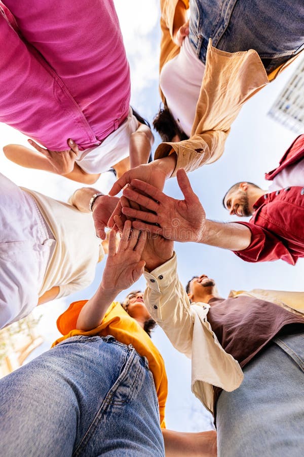 Multiracial Happy Friends with Hands in Stack Stock Image - Image of ...