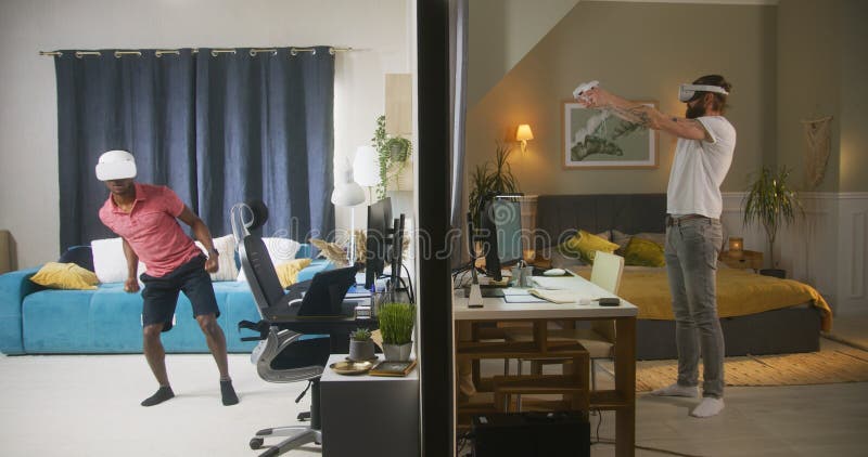 Neighbours in VR Headsets Play Video Games in Different Rooms or ...