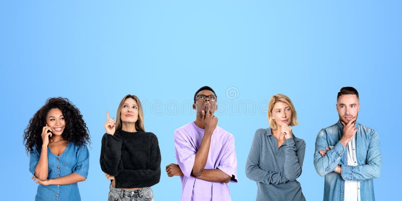 Multiracial Pensive Young People Portraits in Row, Empty Blue ...