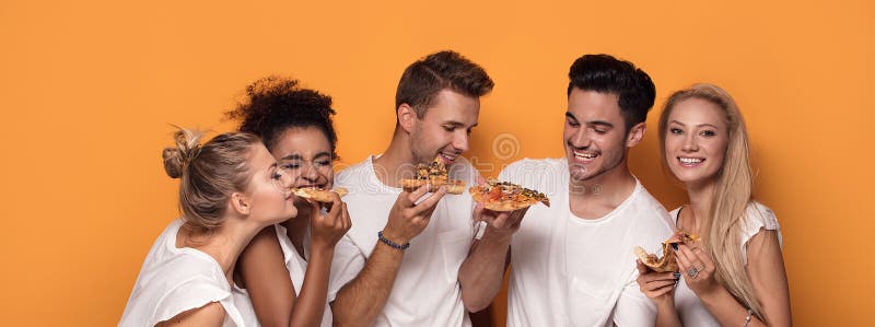 Multiracial People Having Fun, Eating Pizza. Stock Photo - Image of ...