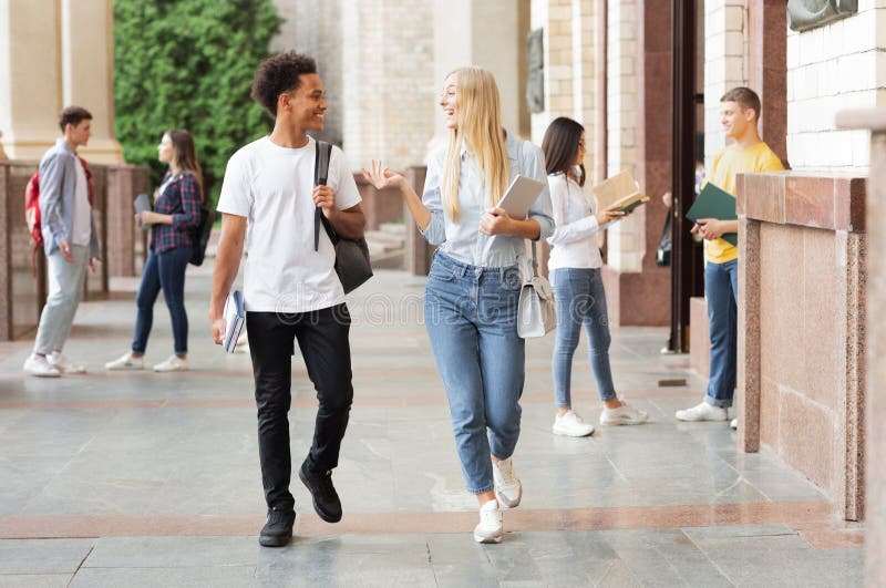 Multiracial Students Walking in University Hall during Break Stock Photo - Image of knowledge ...
