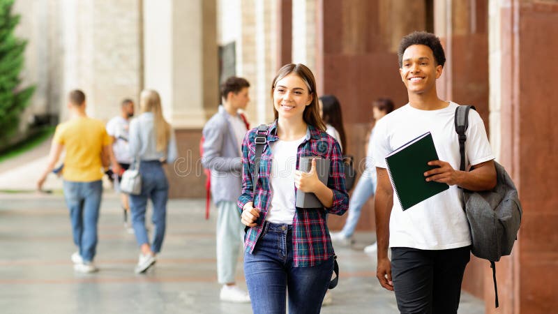 Multiracial Students Walking in University Hall Outdoors Stock Image ...
