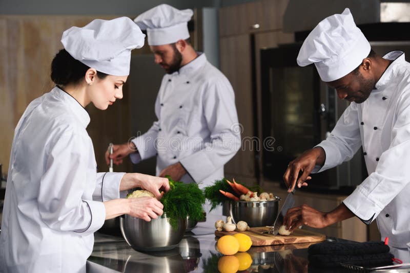 Multiracial Team of Cooks Cooking by Kitchen Stove Stock Image - Image ...