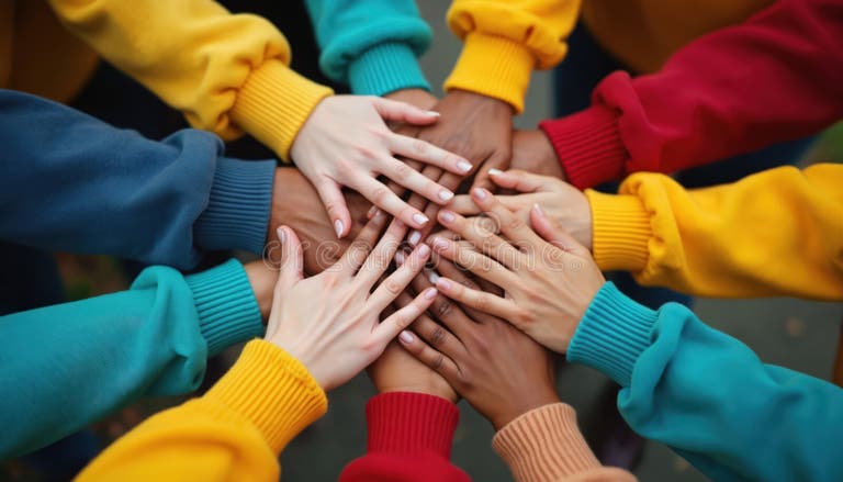 Multiracial Team Hands Collaboration Close-up Top View. Diverse People ...
