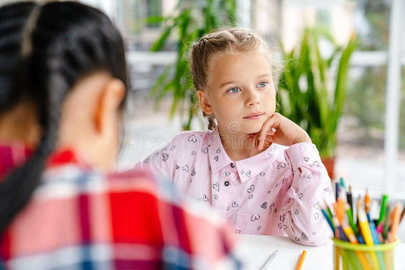 Multiracial Two Girls Drawing during Class in Art School Stock Photo ...