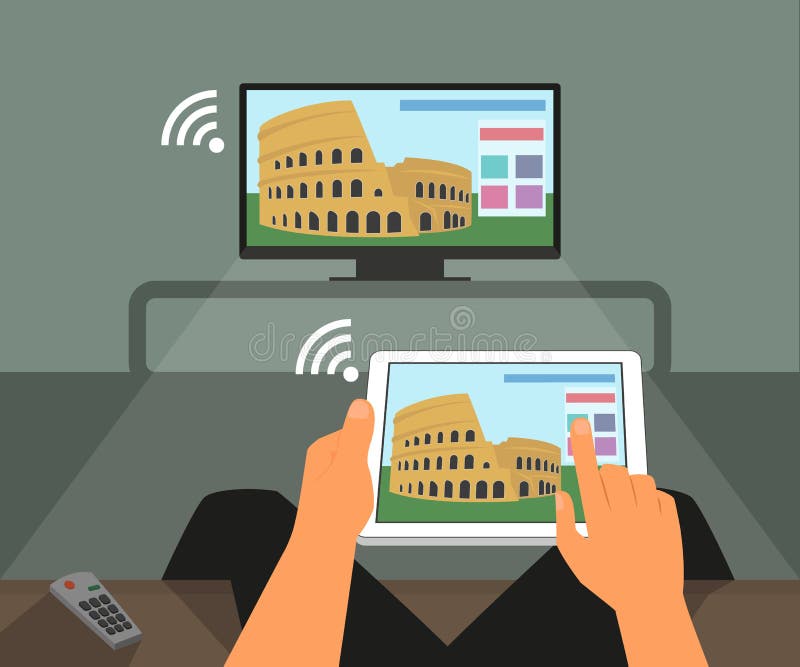 Multiscreen Interaction. Man and Woman are Stock Vector - Illustration ...