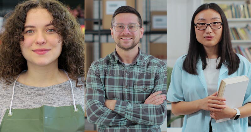 Multiscreen Montage of Young Men and Women at Workplaces. Collage of ...