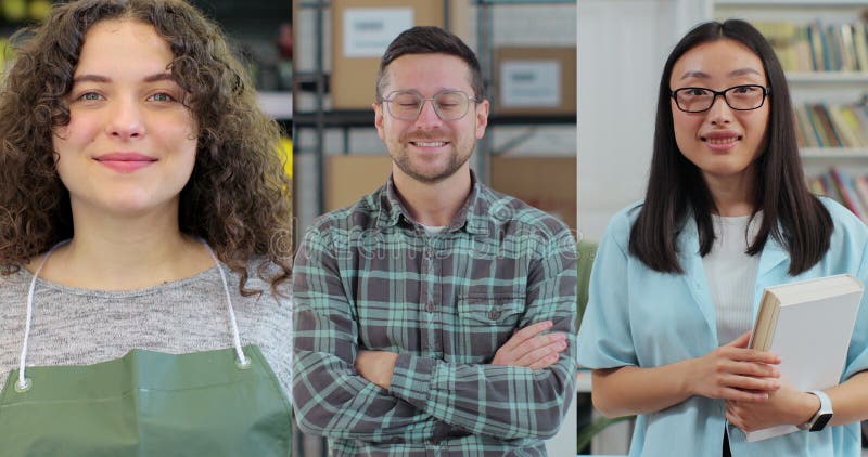 Multiscreen Montage of Young Men and Women at Workplaces. Collage of ...