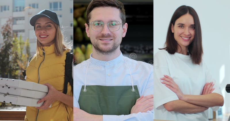 Multiscreen Montage of Young Men and Women at Workplaces. Collage of ...