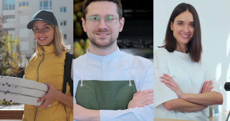 Multiscreen Montage of Young Men and Women at Workplaces. Collage of ...