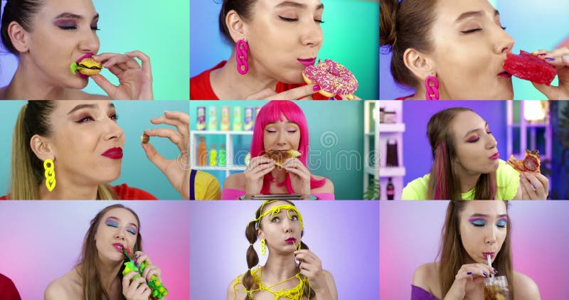 Multiscreen of People Eating Sweets and Vegetables. Stock Footage ...