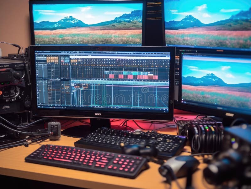 Multiscreen Video Editors in a Workspace Stock Illustration ...