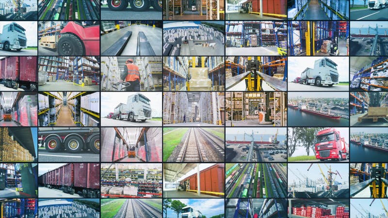 Multiscreen Video Work in a Large Warehouse. Logistics in a Big Company ...