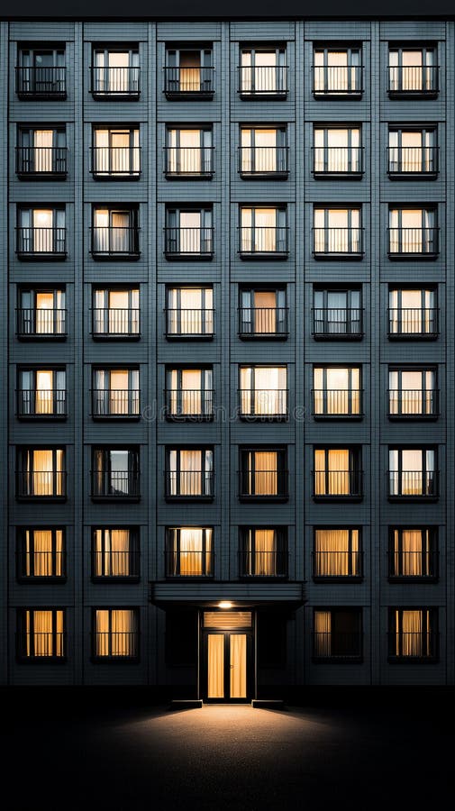 Multistory Apartment or Tenement Building with Many Rows of Illuminated ...
