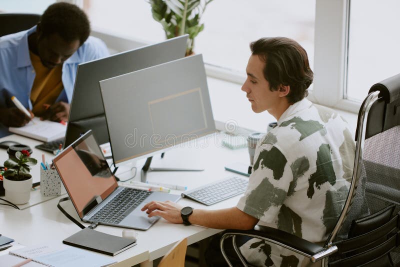 Multitask Programmer Searching Information Stock Image - Image of work ...