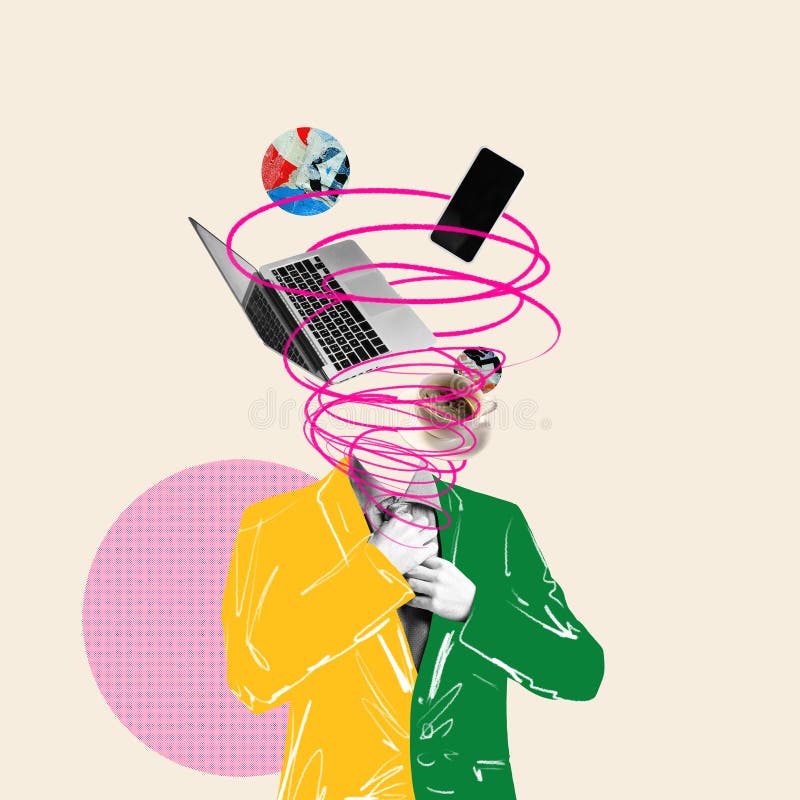 Multitask Mode. Head Split in Multitask Chaos Juggling Phone Laptop ...