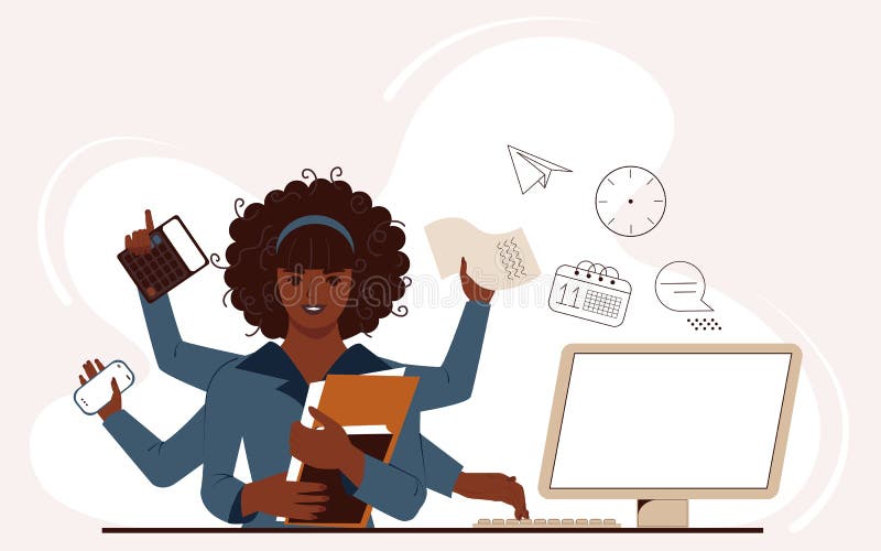 Multitasking African Woman at Work in the Office Stock Vector ...