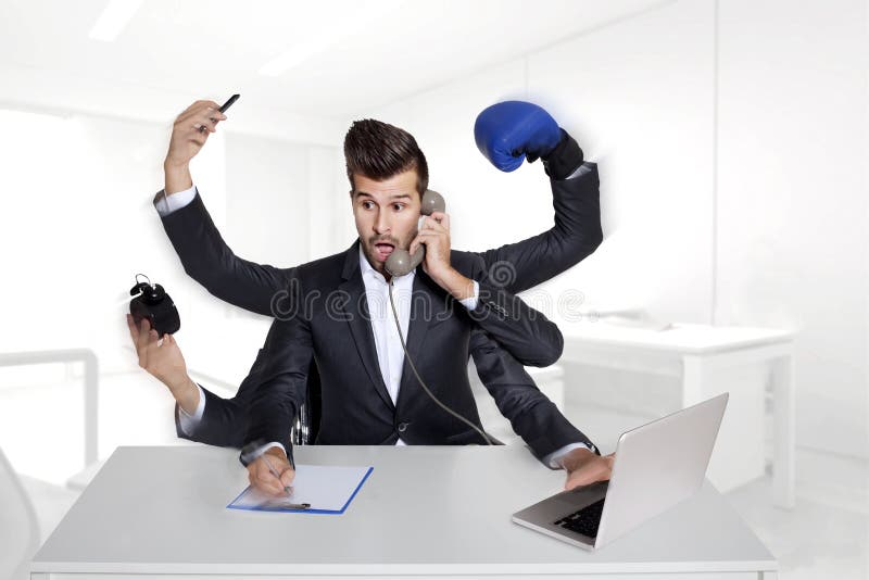 Multitasking Business Man with Six Arms Stock Photo - Image of holding ...