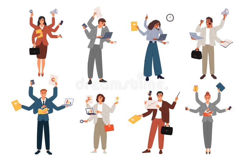 Multitasking Characters. Men and Women with Lots of Hands. Executive ...
