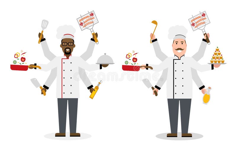 Multitasking Chef-koks Met Zes Handen Vector Illustratie - Illustration ...