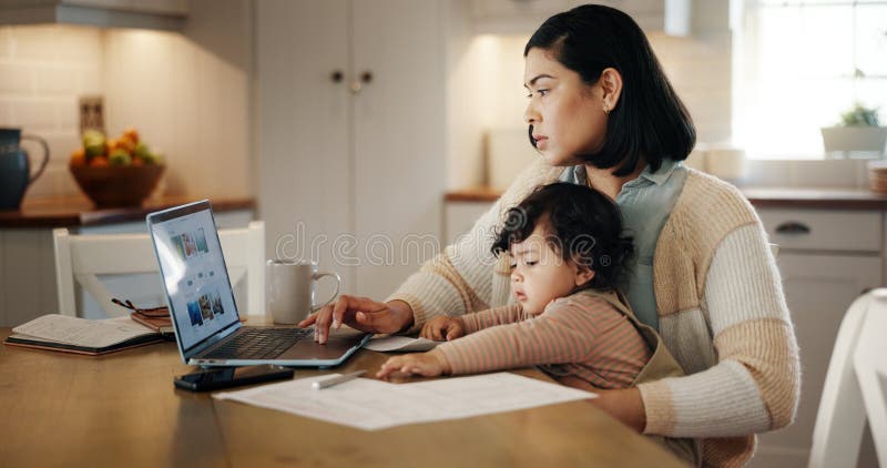 Multitasking, Child and Mom with Laptop, Remote Work and Editing ...