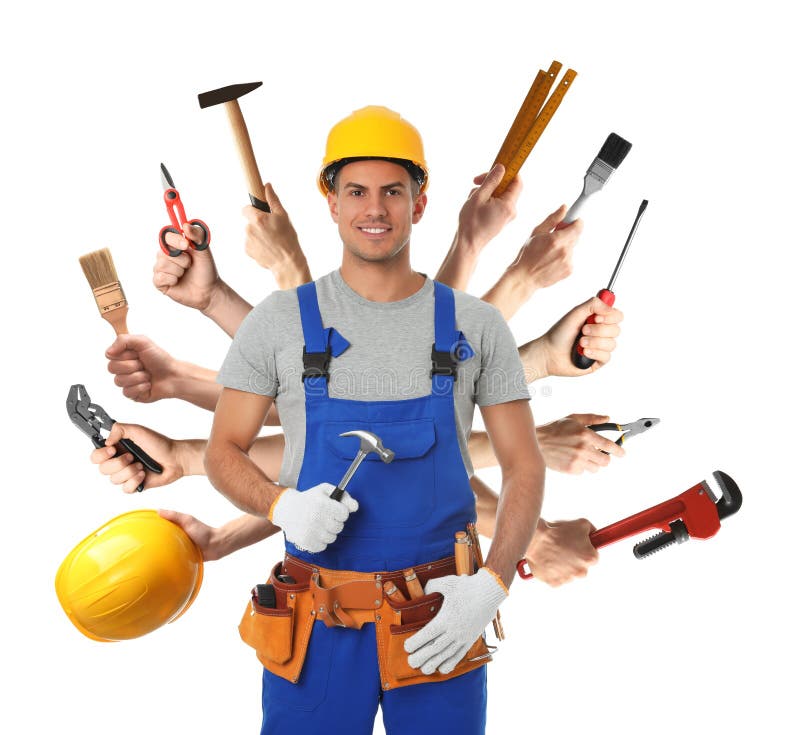 Multitasking Concept. Handyman with Tools on White Background Stock ...