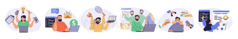 Multitasking Concept Set with Characters in Flat Design for Web. People Brainstorming, Planning ...