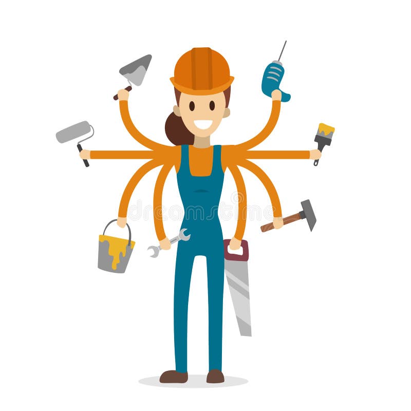 Multitasking Construction Worker. Stock Vector - Illustration of helmet ...