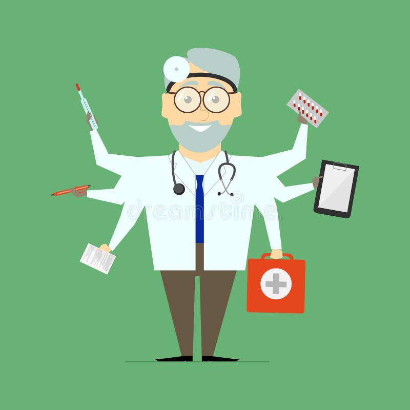 Multitasking Doctor Man Flat Design Stock Illustration - Illustration ...