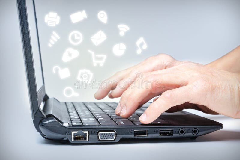 Multitasking on Laptop with Media Icons Stock Image - Image of copy ...
