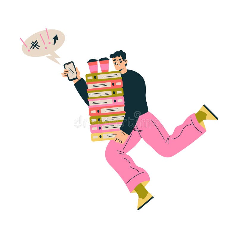 Multitasking Man Character Doing Multiple Task Carry Pile of Folder ...