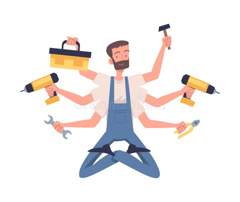 Multitasking Man Handyman Character with Many Hands Vector Illustration Stock Vector ...