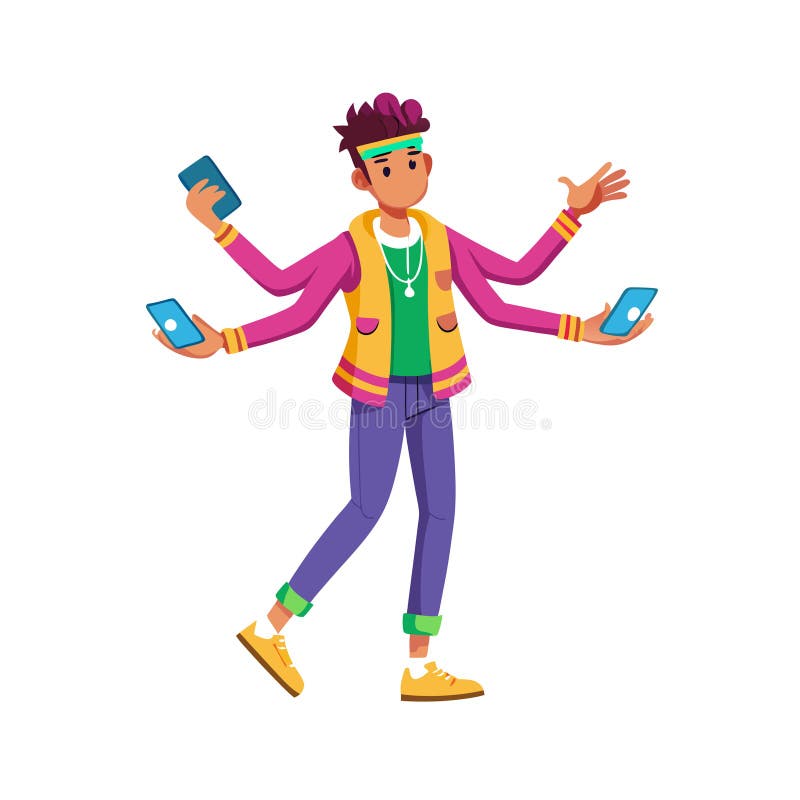 Multitasking Man with Multiple Hands and Smartphones: Vector ...