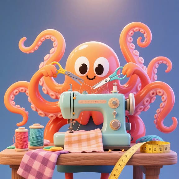 Multitasking Octopus Crafter at Sewing Machine Stock Illustration ...