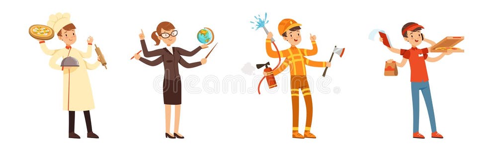 Multitasking People Character of Different Profession Vector Set Stock ...