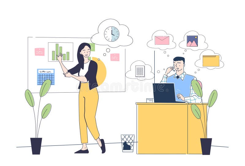 Multitasking People at Workplace. Man and Woman Work at Common Project ...