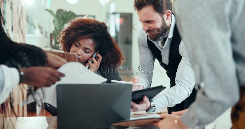 Multitasking, Team and Businesswoman in Office with Chaos for Documents ...